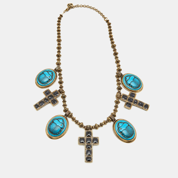 Gucci | Jewelry | Gucci Aged Scarab And Cross Charms Gold Tone Necklace | Poshmark